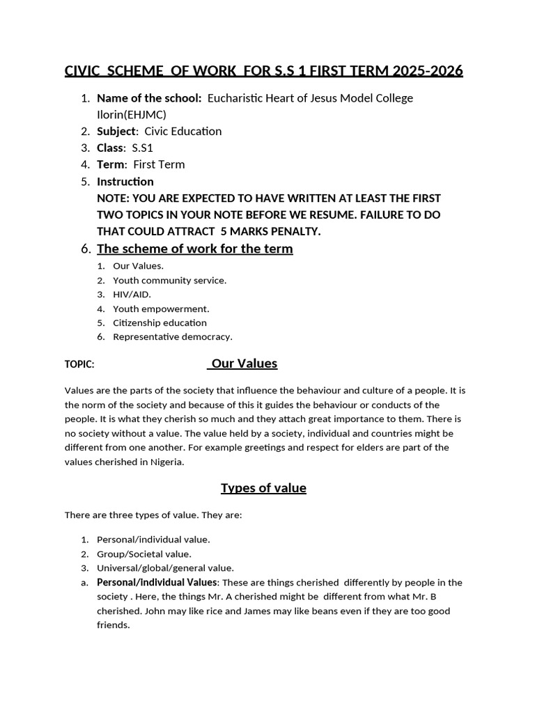 SS1 Civic Education First Term Scheme | PDF | Citizenship | Hiv/Aids