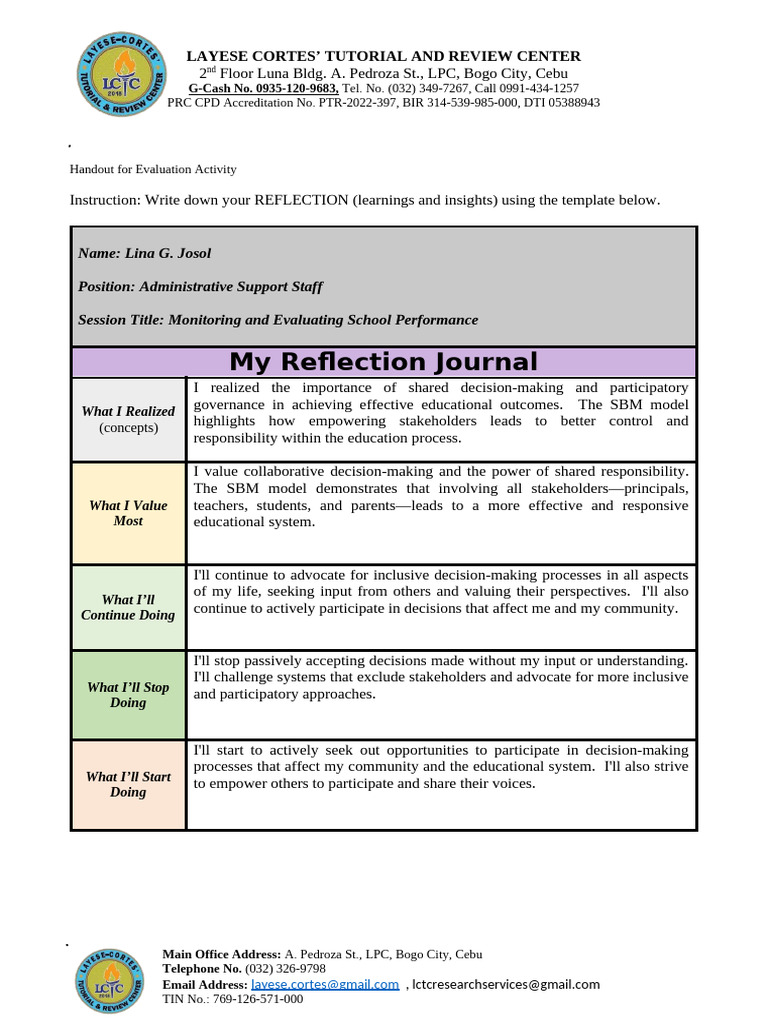 Reflection on Educational Governance Insights | PDF | Cognition | Learning