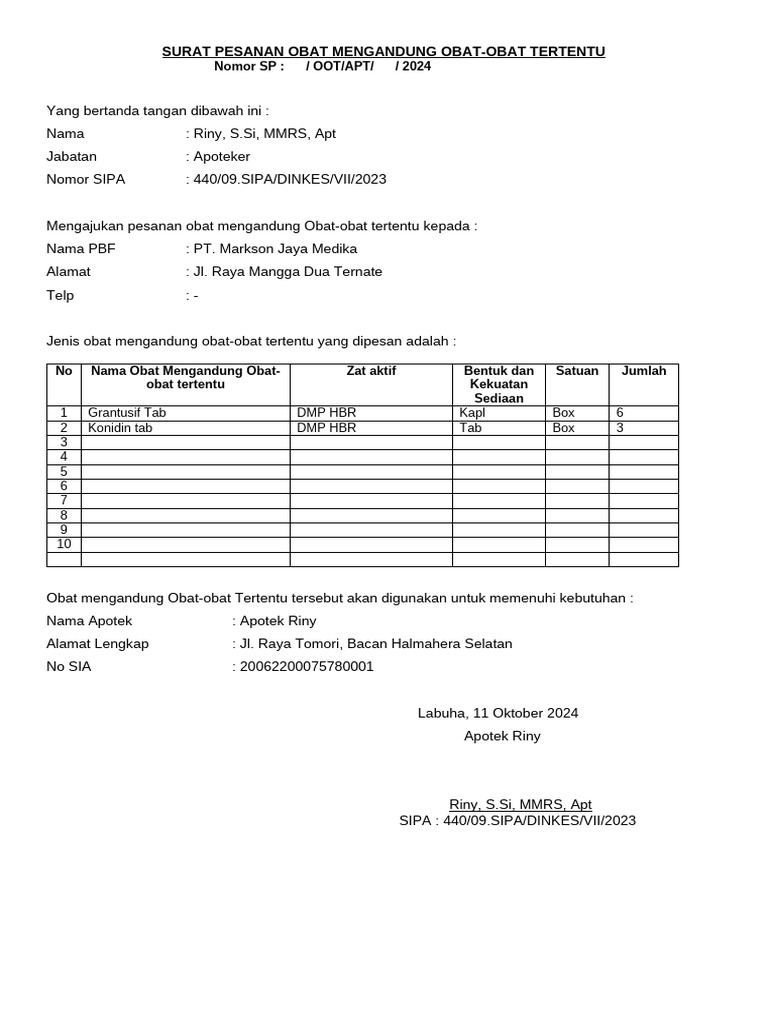 Pesanan Obat Apotek Riny ke Markson | PDF