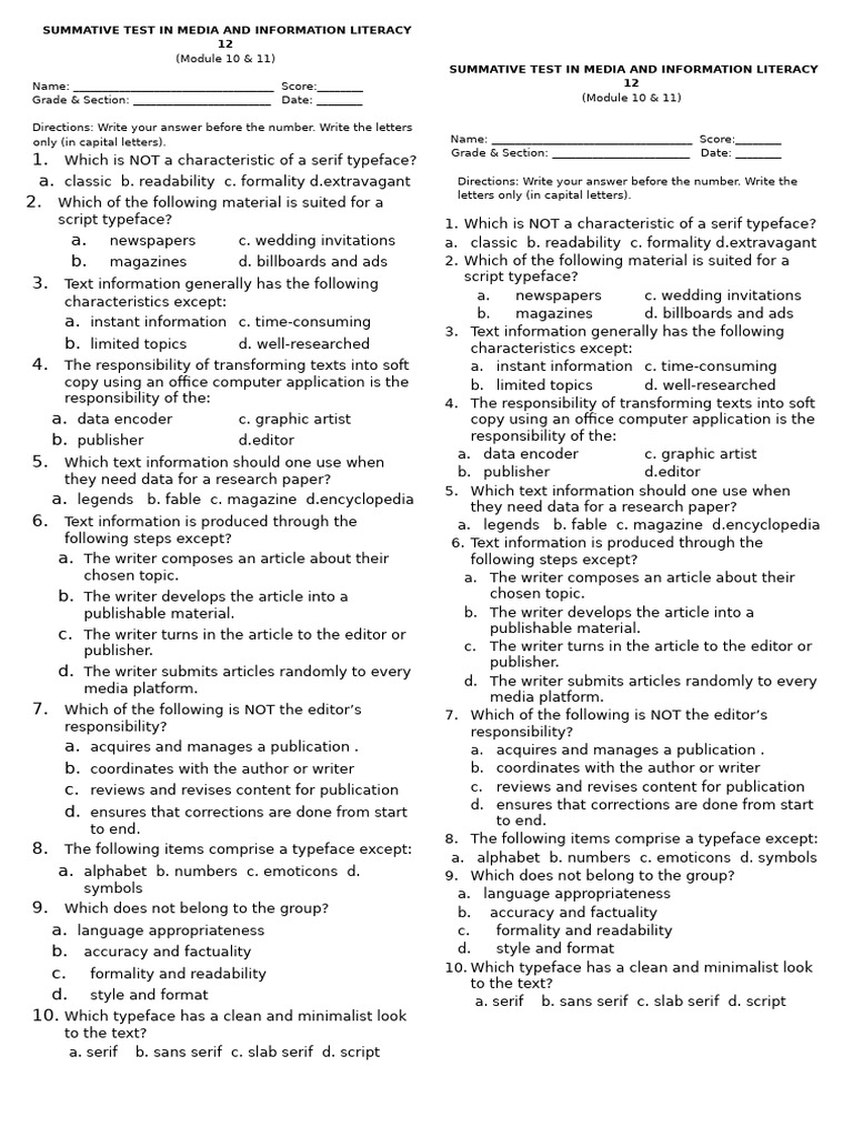 Media and Information Literacy Test | PDF | Serif | Typefaces