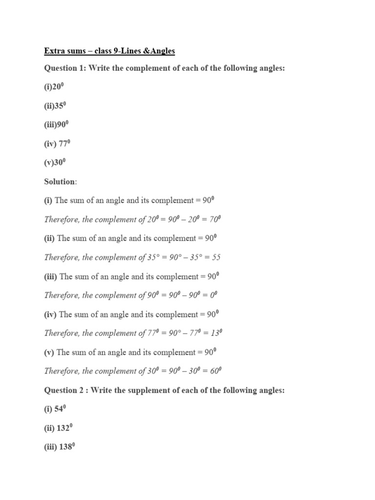 Class9 Extra Sums Lines 0angles ALA | PDF | Angle | Geometric Measurement