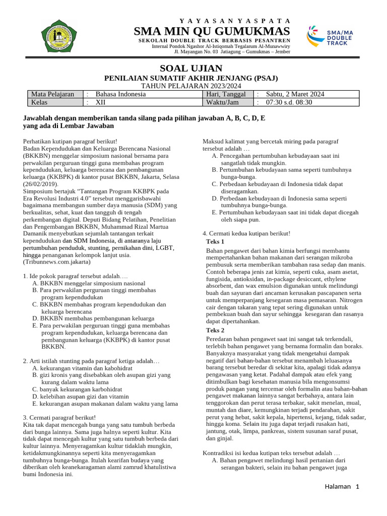 Soal Psaj Bahasa Indonesia 2024 | PDF