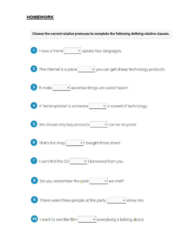 HOMEWORK Relative Clauses | PDF