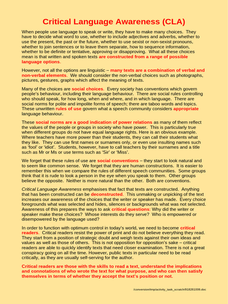 Understanding Critical Language Awareness | PDF | Nonverbal ...