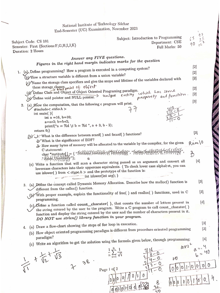 cs101 Qs Paper For End Semmester Exams | PDF