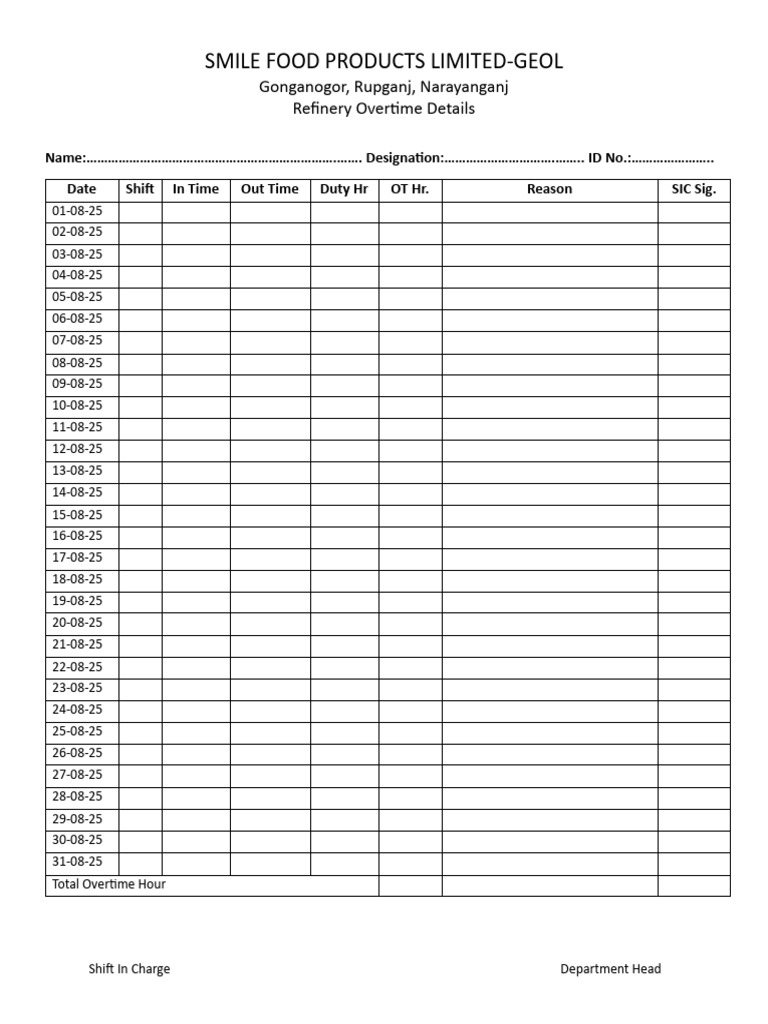 Overtime Sheet for August 2025 | PDF