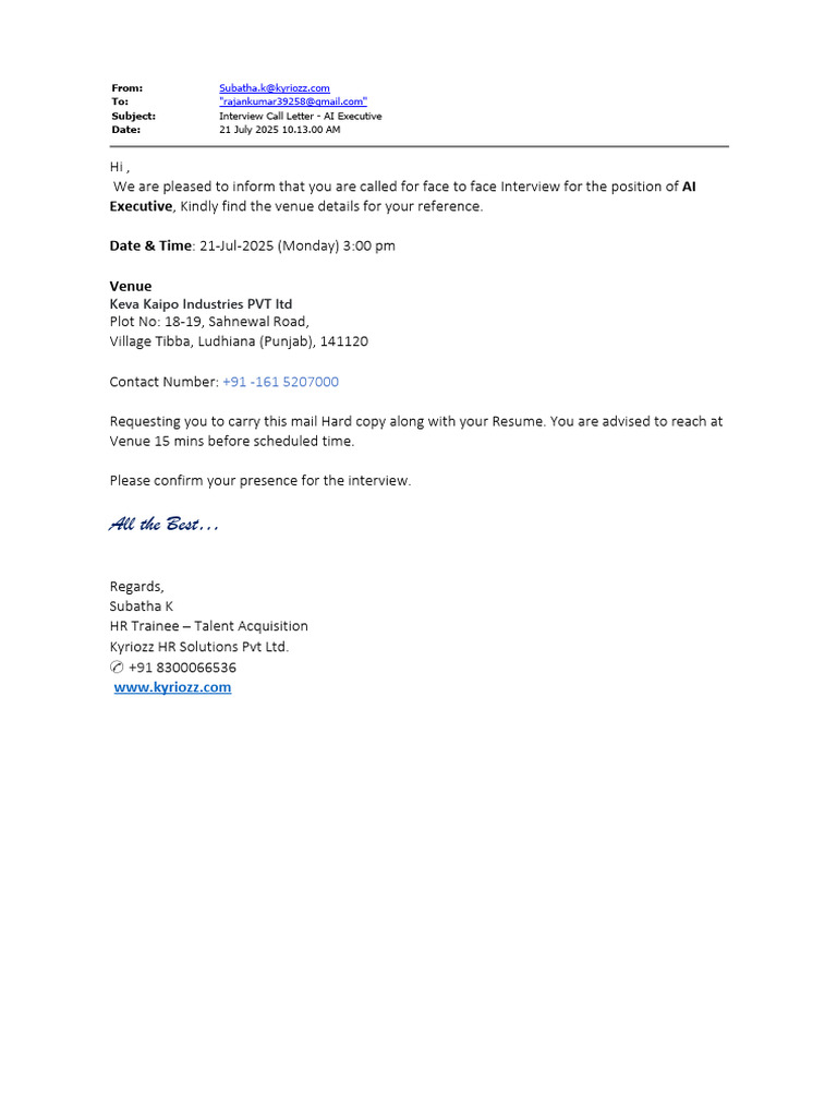 Interview Call Letter - AI Executive - Rajan | PDF