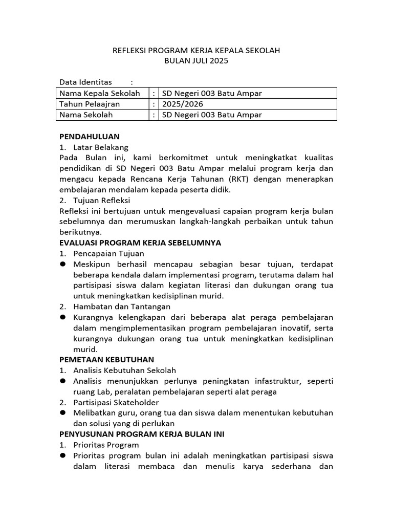 Refleksi Program Kerja Kepala Sekolah | PDF