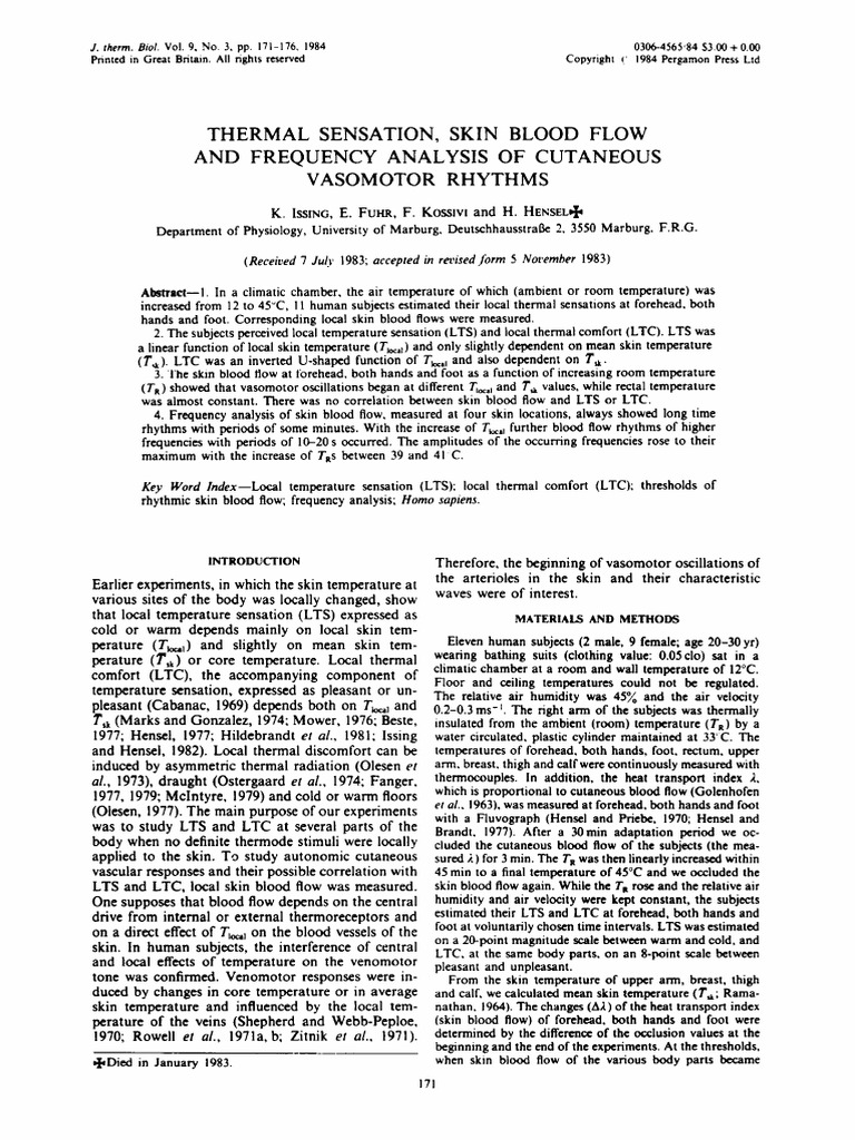 Thermal Sensation, Skin Blood Flow and Frequency Analysis of Cutaneous ...