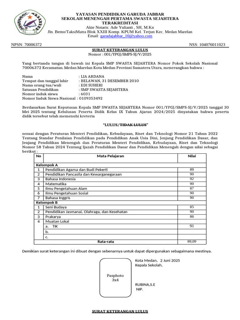 Surat Keterangan Lulus SMP SJ | PDF
