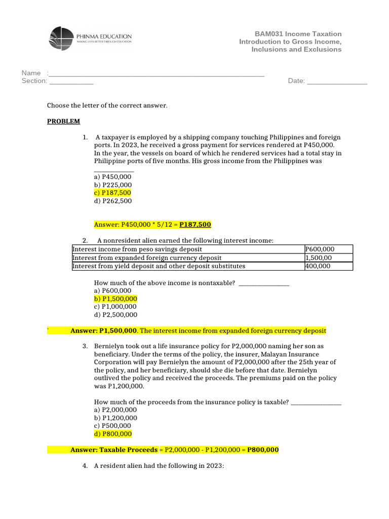 BAM031 - P2 - Q2 - Introduction To Gross Income, Inclusions and Exclusions - Answers | PDF ...