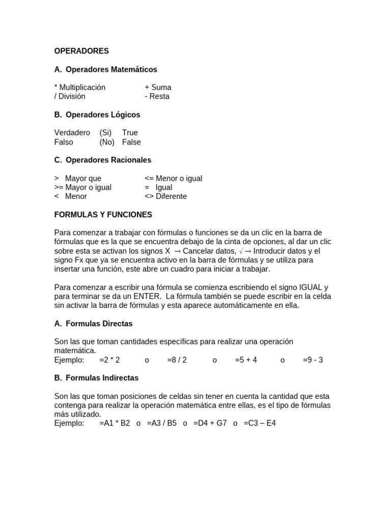 Teoria Operadores Formulas y Funciones Enviar | PDF