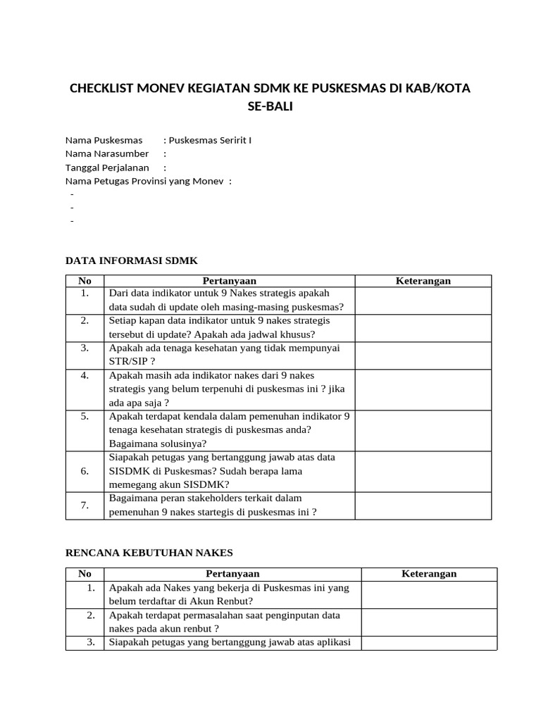 Checklist Monev Sdmk1 | PDF