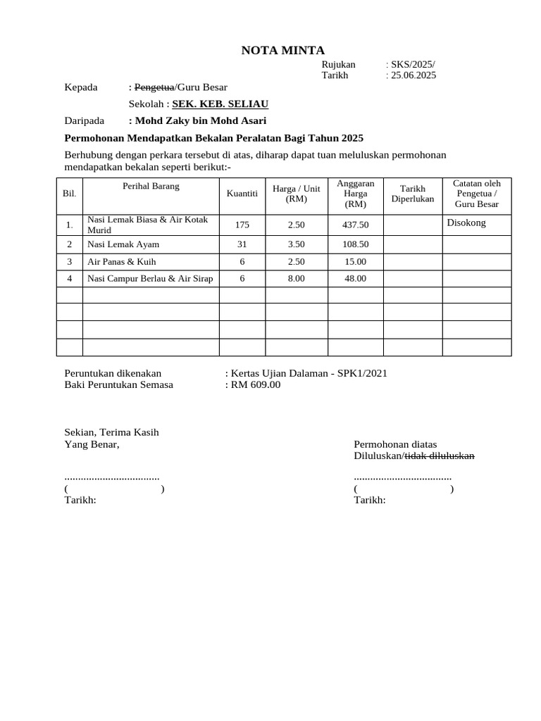 Nota Minta 2025 | PDF
