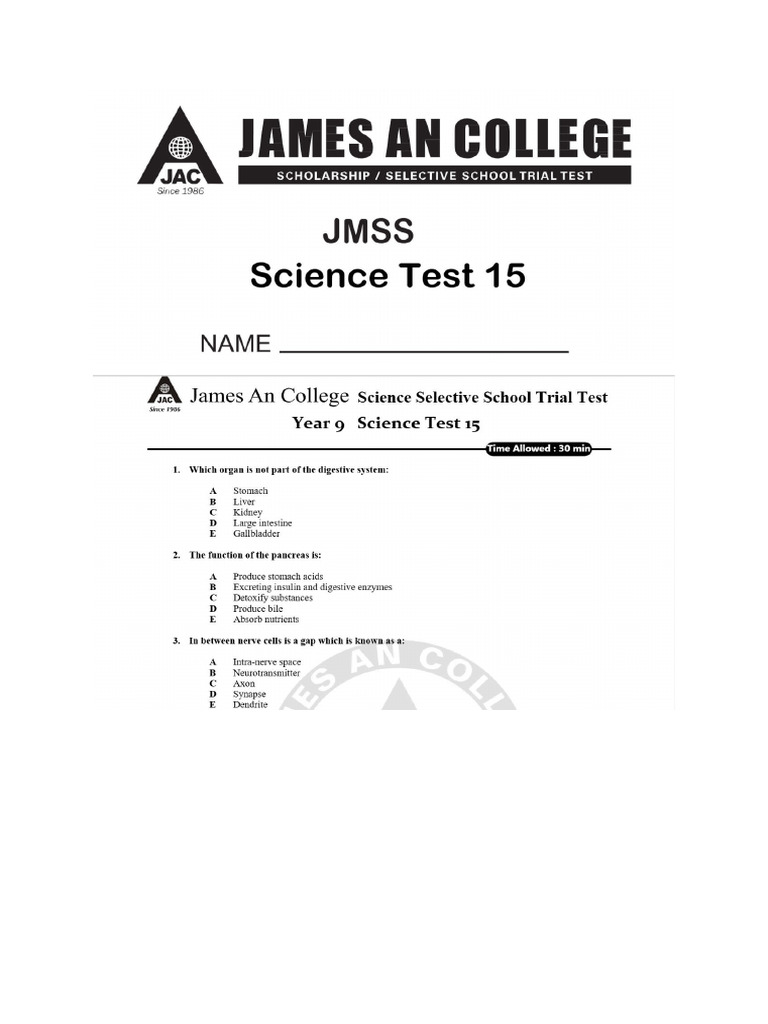 JMSS Science Test 15 | PDF
