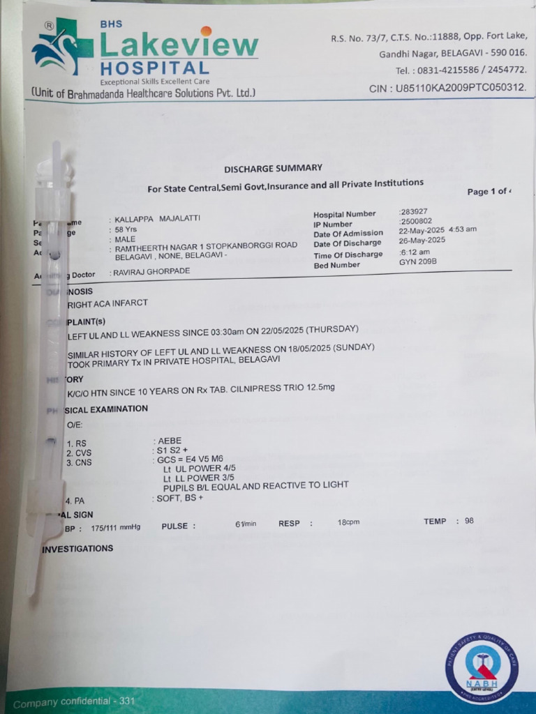 Discharge Summary for Kallappa Majalatti | PDF