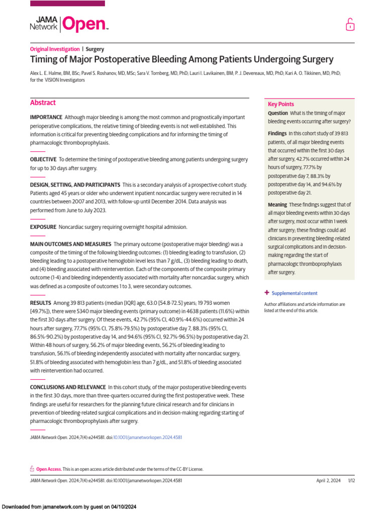 Timing of Major Postoperative Bleeding Among Patients Undergoing ...