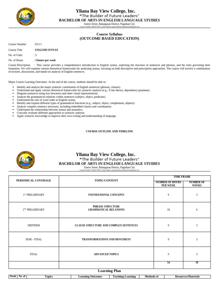 Els 5 Course Syllabus Revised | PDF | Syntax | Phrase