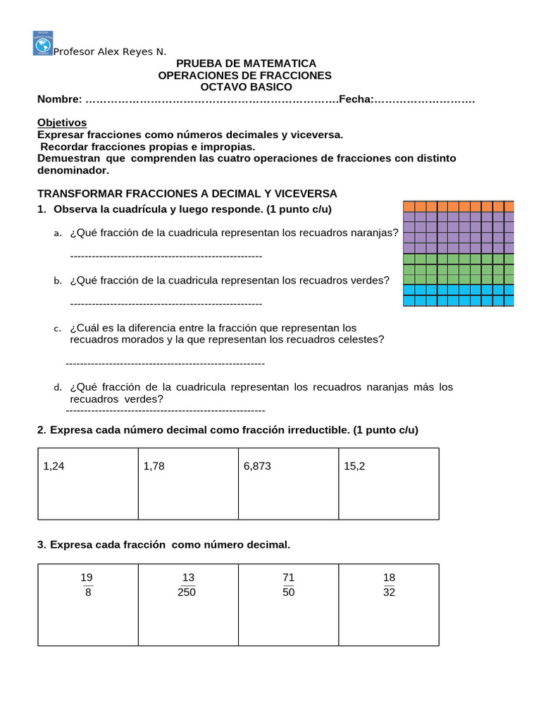PRUEBA DE MATEMATICA Fracciones 8° | PDF
