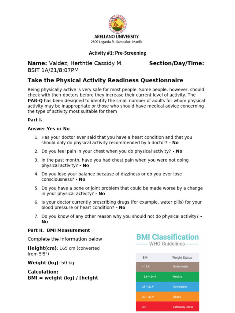 Pathfit1 - Activity1 - Valdez - Parq | PDF | Body Mass Index