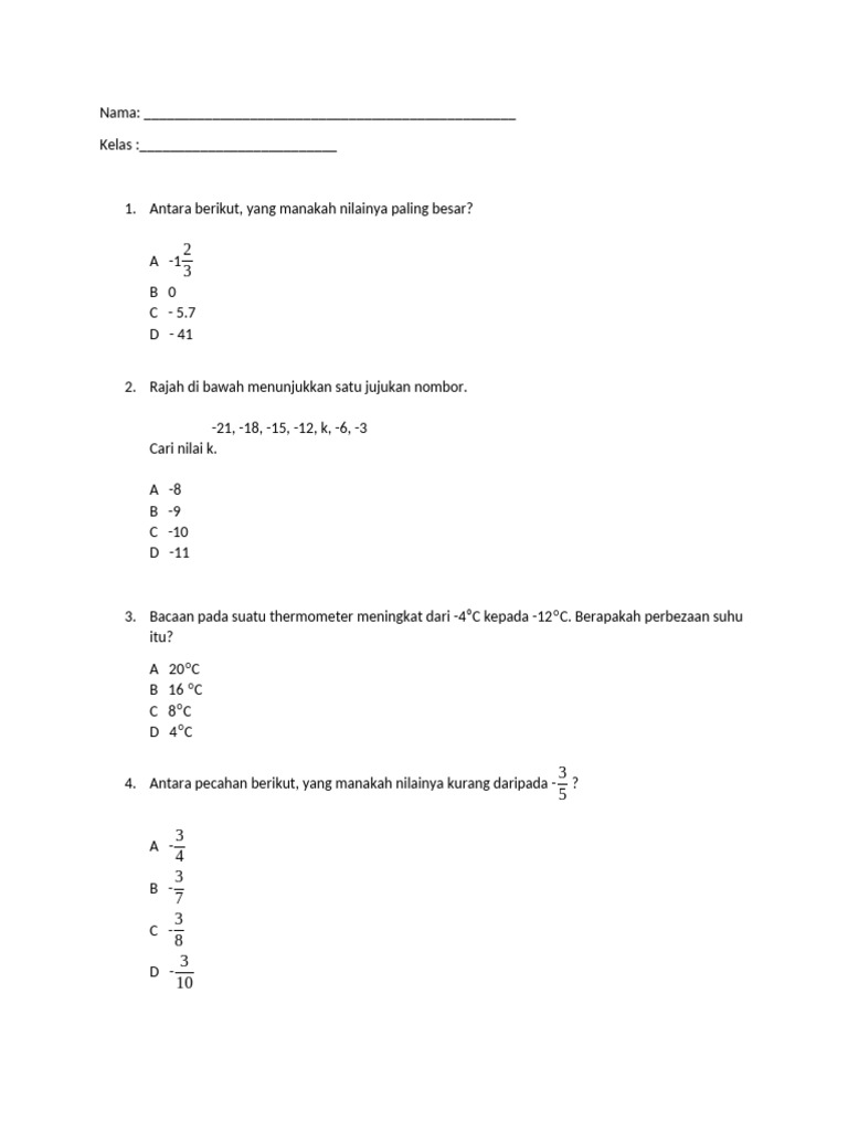 Kuiz Bab 1-3 Tingkatan 1 Math | PDF