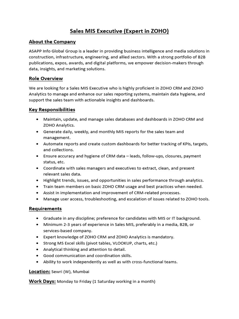 Sales MIS Executive Role in ZOHO | PDF