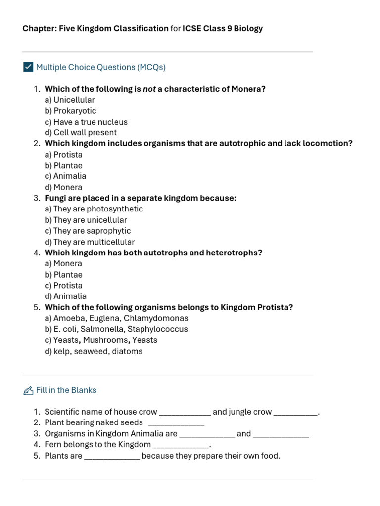 ICSE Class 9 Five Kingdom Classification | PDF | Biology | Organisms