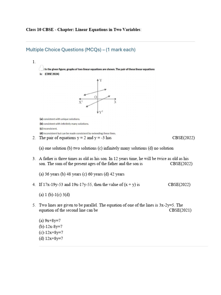 Linear Equations in Two Variables Class 10 Cbse | PDF | Equations ...