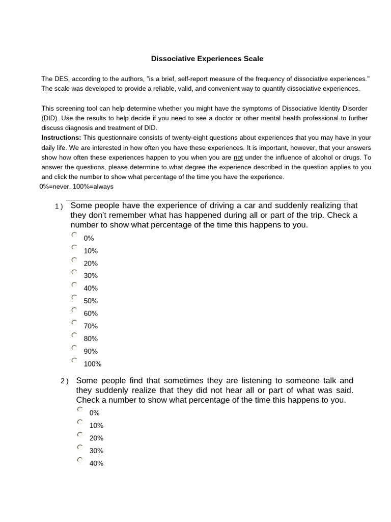 Dissociative Experiences Scale Overview | PDF | Dissociation ...