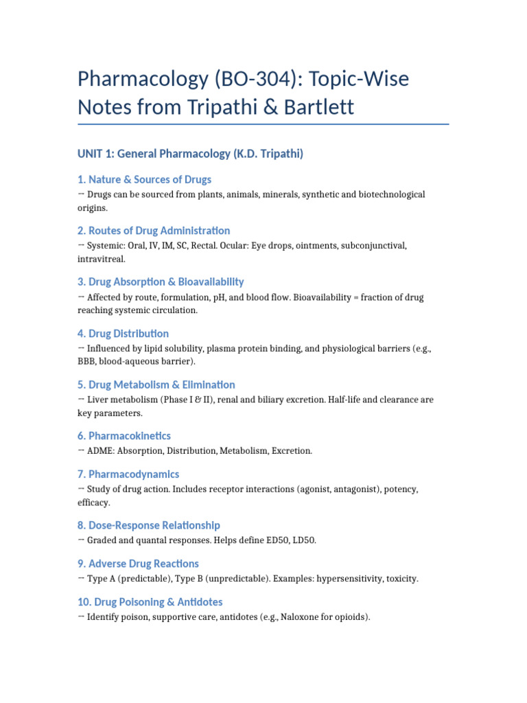 Pharmacology BO304 Notes Tripathi Bartlett | PDF | Pharmacology | Opioid