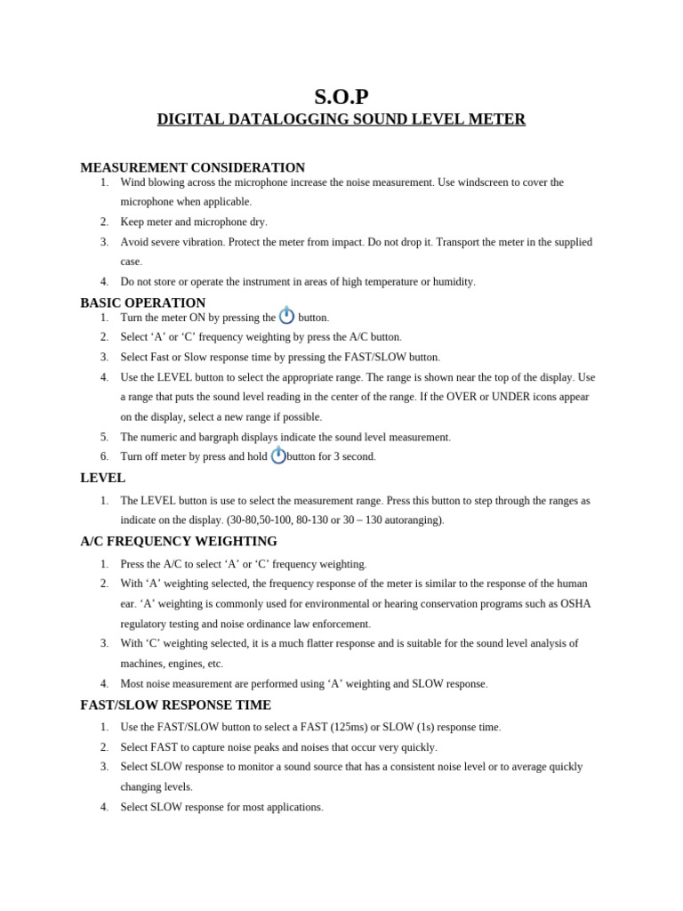 Sop Digital Datalogging Sound Level Meter | PDF | Sound | Acoustics