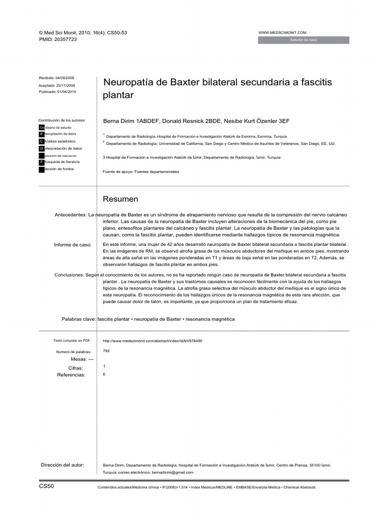 Neuropatía de Baxter Bilateral Secundaria A Fascitis Plantar | PDF ...