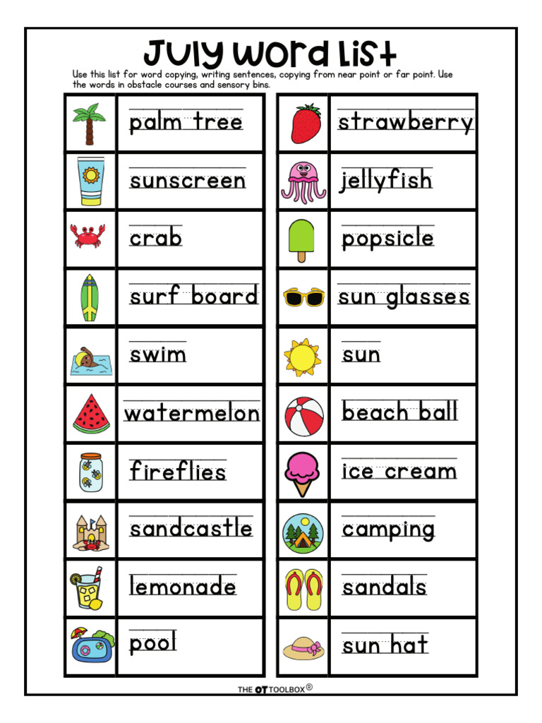 July Themed Word List for Activities | PDF
