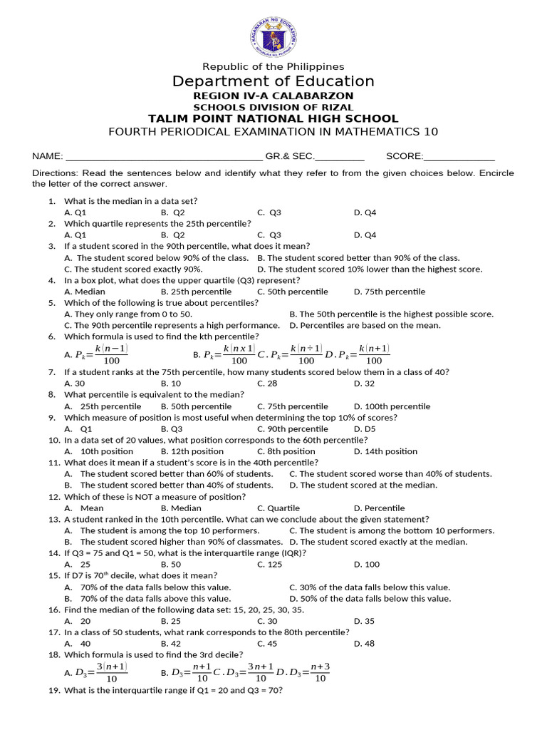 Mathematics 10 Periodical Exam Guide | PDF | Percentile | Descriptive ...