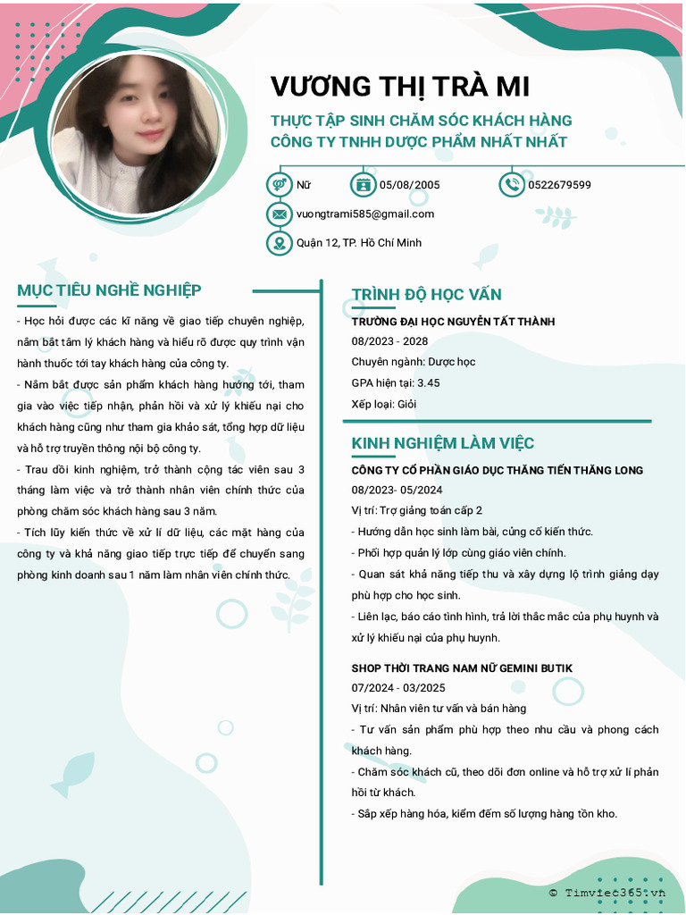 CV Thực Tập Sinh CSKH | PDF