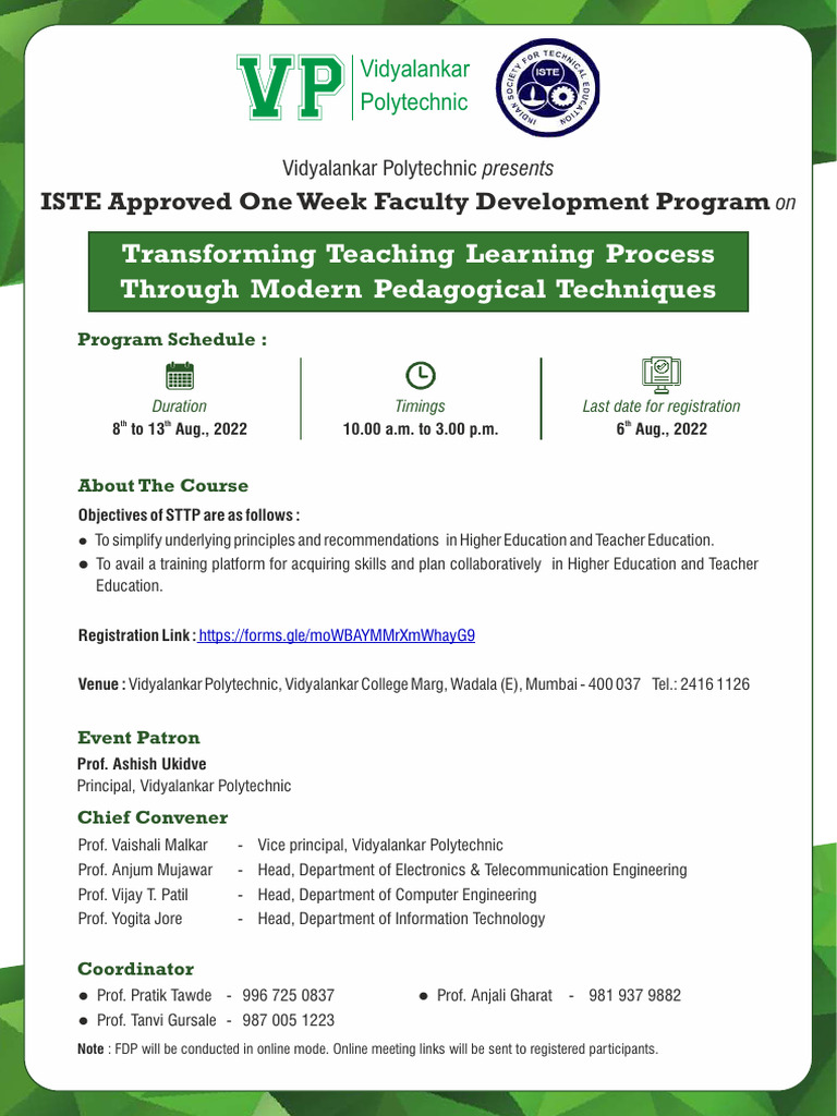 FDP Brochure - Teaching Learning Process Final | PDF | Learning