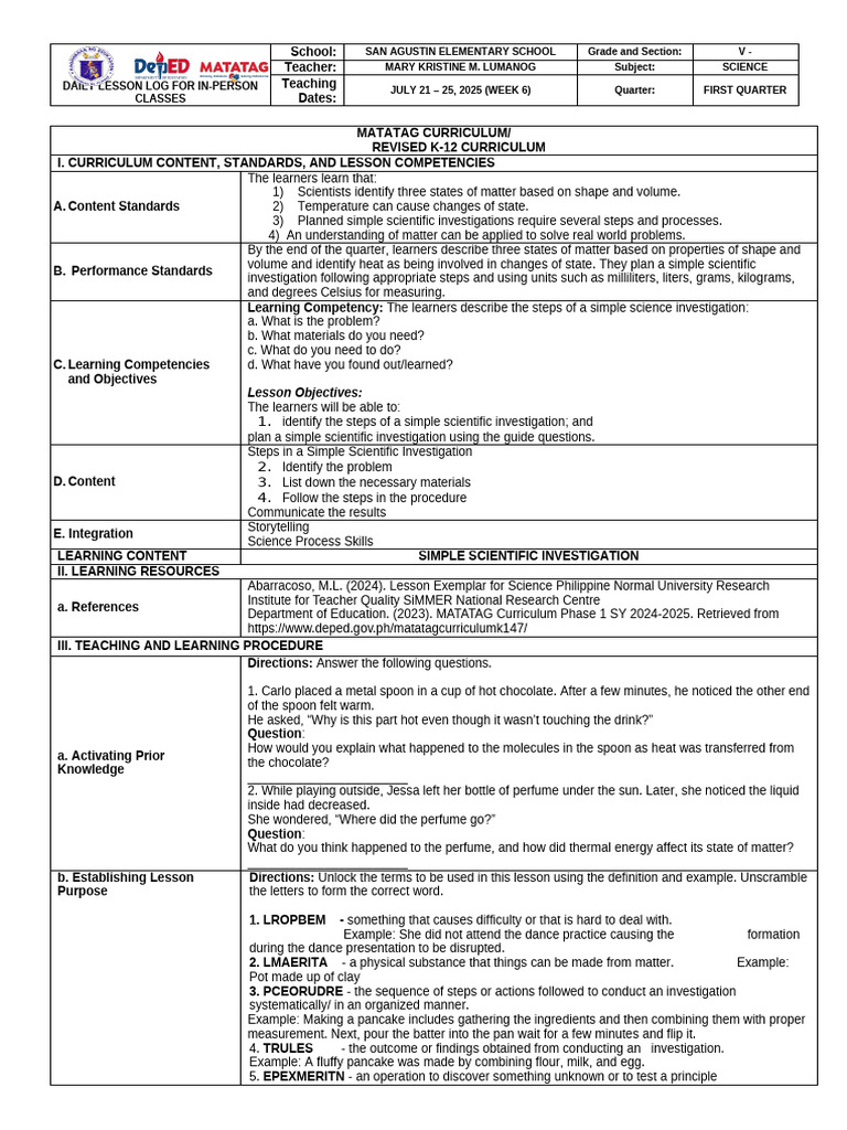 Lesson Plan in Science Cot q1 Portrait | PDF | Teachers | Science