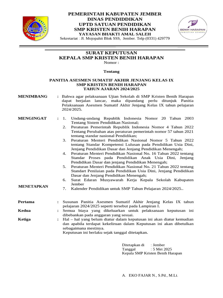 SK Panitia Asesmen Sumatif Akhir Jenjang Ix 2024-2025 | PDF