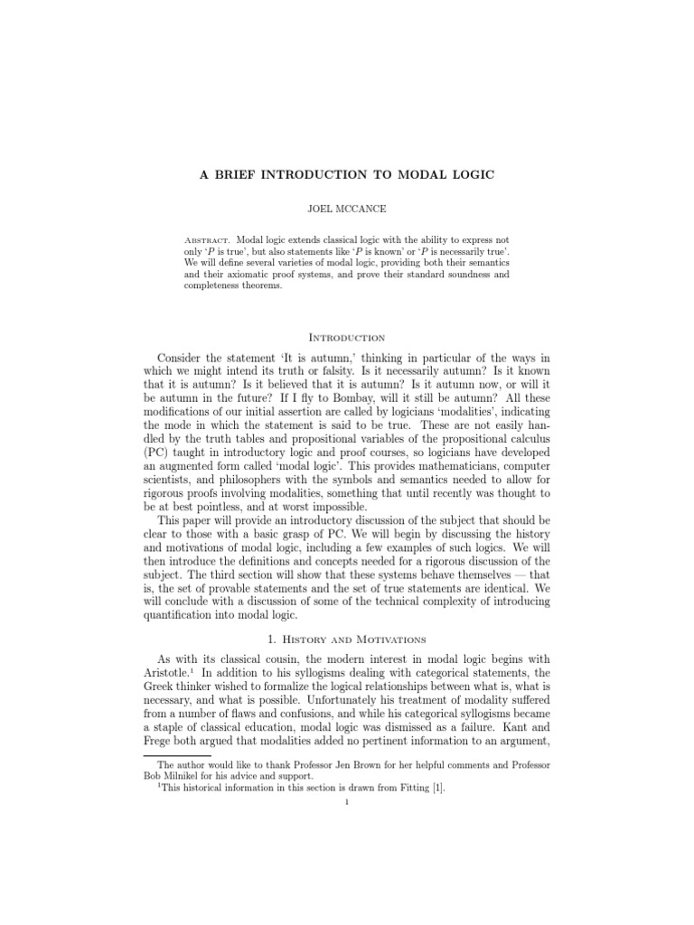 A Brief Introduction To Modal Logic | PDF
