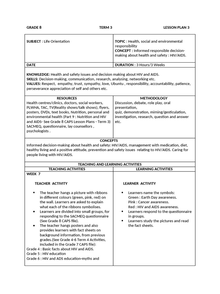 Grade 8 Term 3 Lesson Plan 3 | PDF | Management Of Hiv/Aids | Hiv/Aids