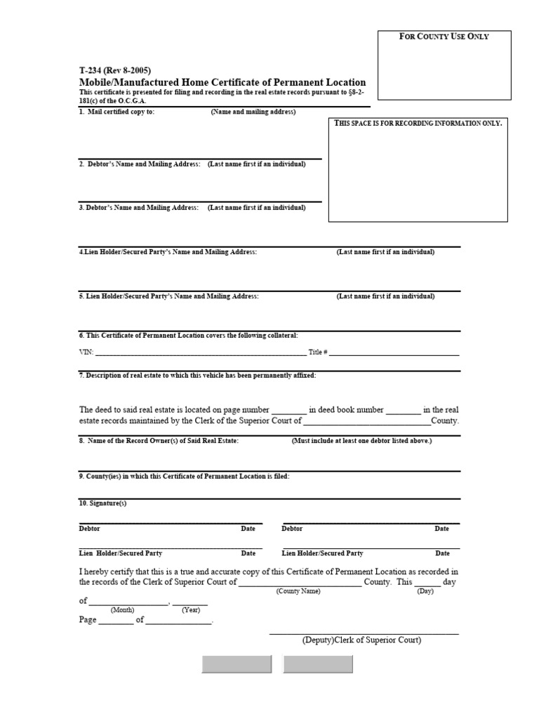 Mobile Home Permanent Location Certificate | PDF | Security Interest ...