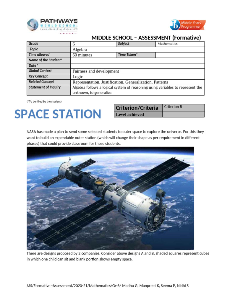 MYP 1 Algebra Formative Assessment (CR B) MS | PDF | Algebra | Mathematics