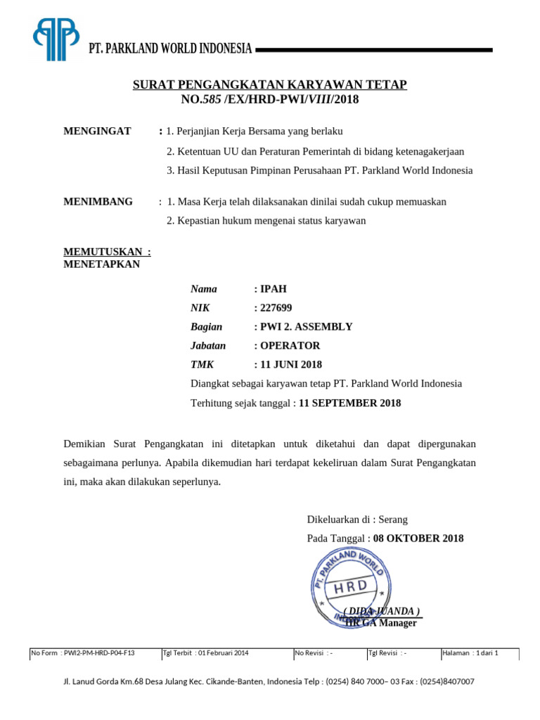 Surat Pengangkatan Karyawan PWI 2 | PDF