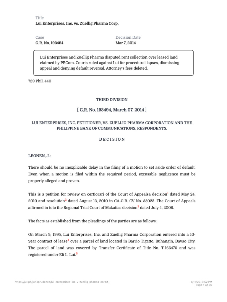 Lui Enterprises vs. Zuellig Pharma Case Summary | PDF | Default ...