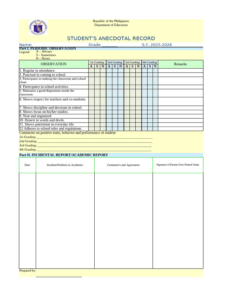 Grade 5 Student Anecdotal Record | PDF