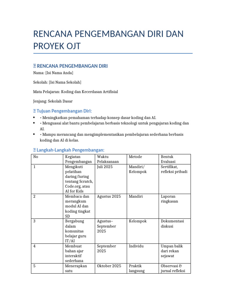 Rencana Pengembangan Diri Koding AI SD | PDF