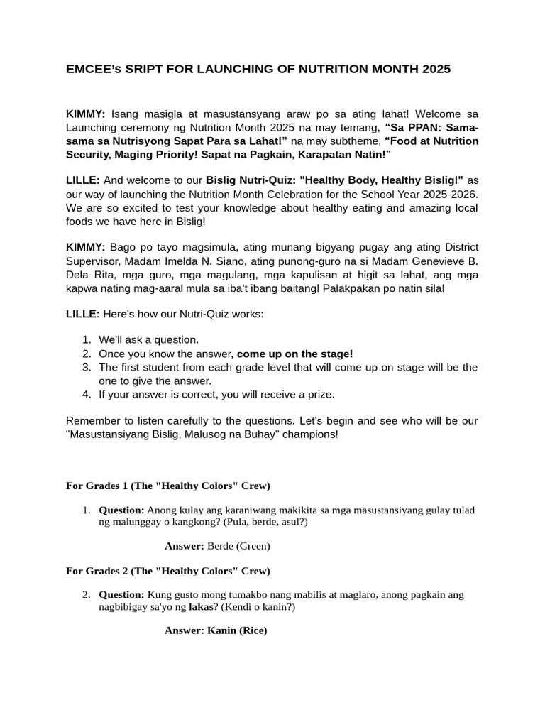 Launching Nutrition Month Script | PDF