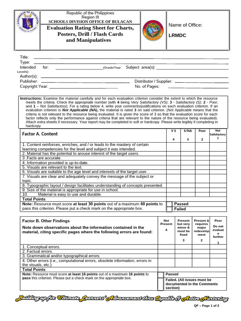 LRM FORM 4 Evaluation Rating Sheet Chart Manipulatives | PDF ...