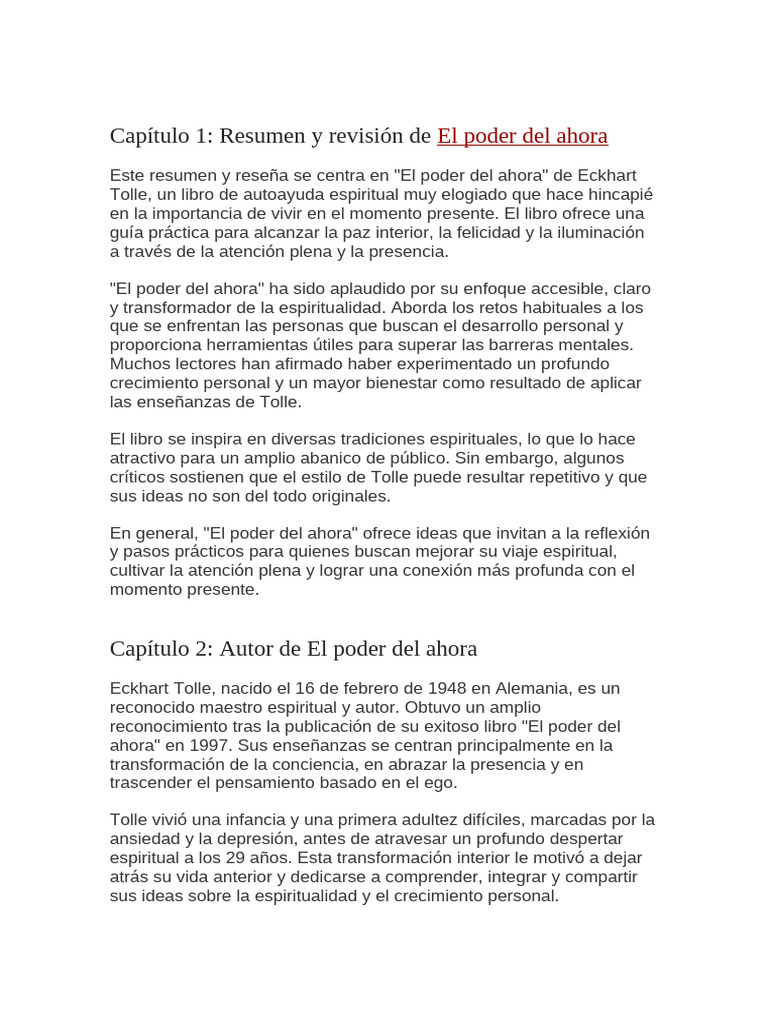 El Poder Del Ahora RESUMEN TOLLE | PDF | Paz | Desarrollo personal
