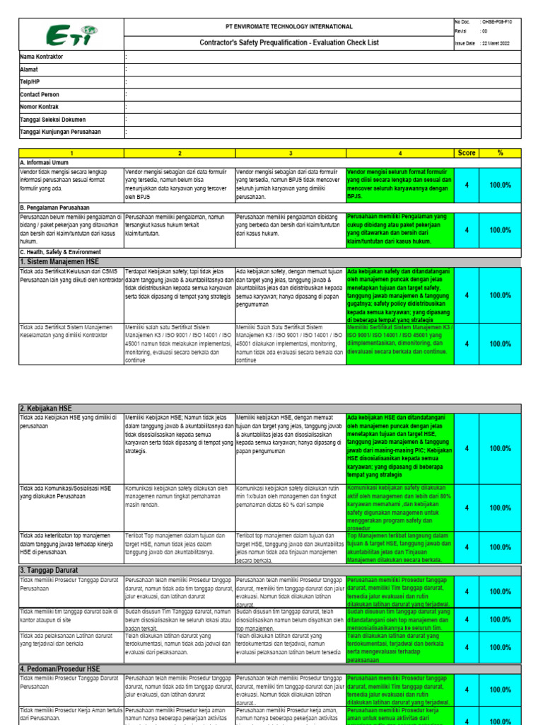QHSE-P08-F10 - Formulir Evaluasi HSE Subkontraktor, Vendor2 | PDF